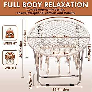 PASAMIC Saucer Chair with Folding Metal Frame, 100% Cotton Handmade Round Cozy Chairs, Exquisite Moon Chair for Bedroom, Living Room Décor Beige