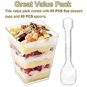 Colovis Dessert Cups, 60 Count 5oz Clear Plastic Parfait Appetizer Cups with Spoons Square Dessert Serving Cups for Parties, Events, Catering (60)