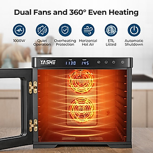 YASHE Food Dehydrator Machine, 9 Stainless Steel Food Dryer, 1000W Dehydrators for Food and Jerky, Herbs, Meat, Fruit, Dog Treats, 48H Timer and Temperature Control (95-165℉), Recipes Book Included