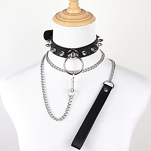 DAMSIL Punk Rivets Choker PU Leather Hauling Chain Collar Metal Ring Gothic Necklace NightClub Neck Accessories Adjustable Buckle (Black)