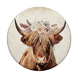 Funny Floral Scottish Highland Cow Art PopSockets Standard PopGrip