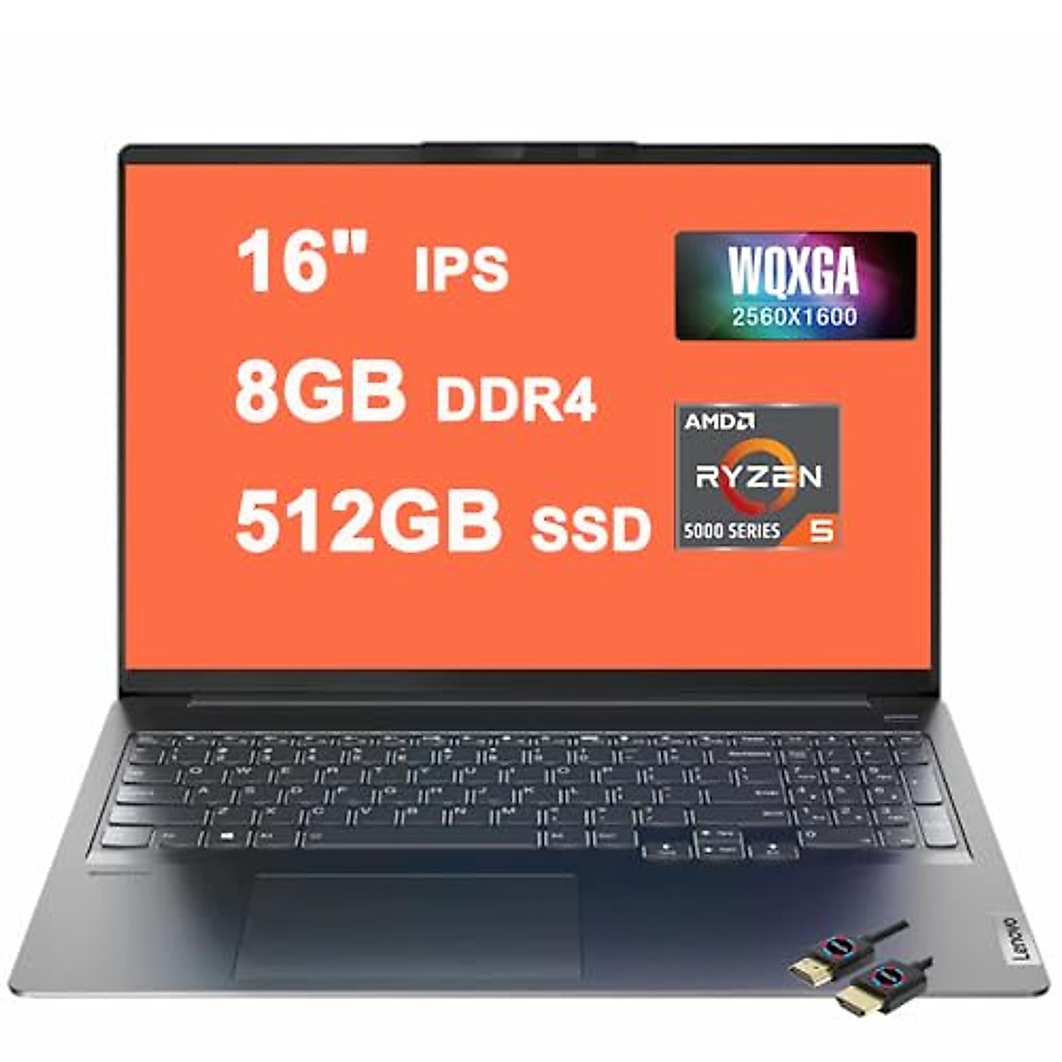 Lenovo Ideapad 5 Pro Business Laptop I 16" WQXGA IPS Display (100% sRGB) I AMD 6-Core Ryzen 5 5600H (>i7-11375H) I 8GB DDR4 512GB SSD I Backlit USB-C HDMI Dolby Atmos Win11 Grey + HDMI Cable