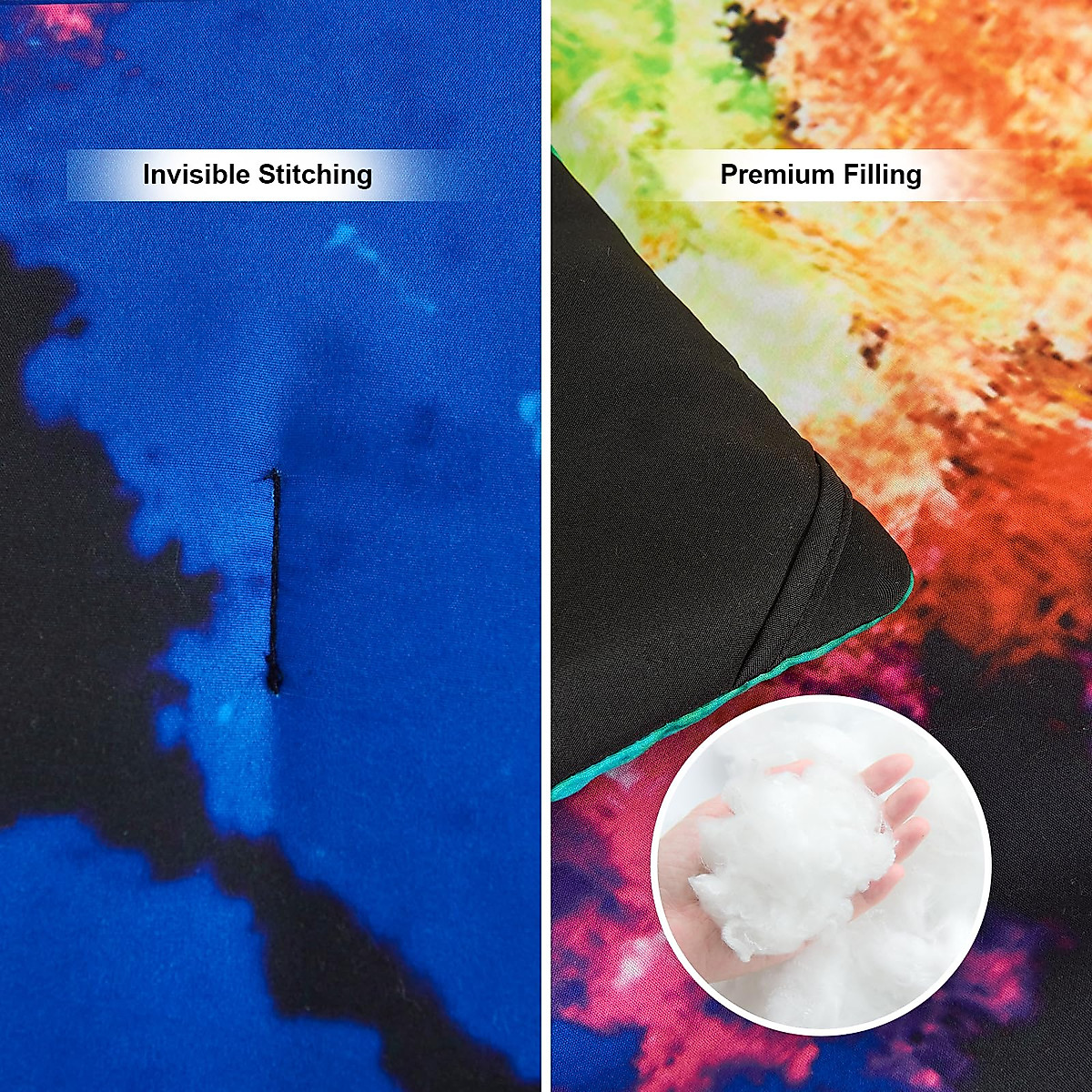 Koniroom Tie Dye Comforter Set Queen Size, Kids Comforter Sets for Teen Boys Girls Women with Hippie Psychedelic Black Blue Purple Themed Printing, Reversible Comforter 3 Pieces with 2 Pillow Shams