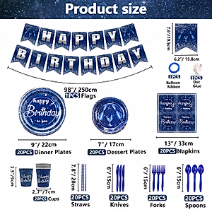 Navy Blue and Silver Birthday Supplies, Blue Birthday Party Decorations for Men, Women, Includes Happy Birthday Banner, Tablecloth, Plates, Napkins, Cups and Straws, Serves 20 Guest