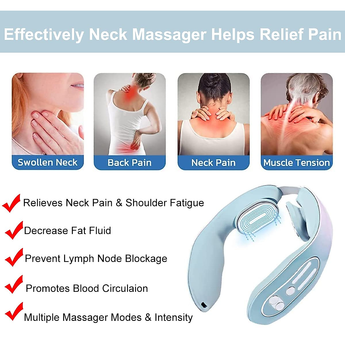 YUJECT Neck Massager Device, Acupoints Lymphatic Drainage Machine, 12 Modes for Pain Relief, Portable Women Men Gift - Blue