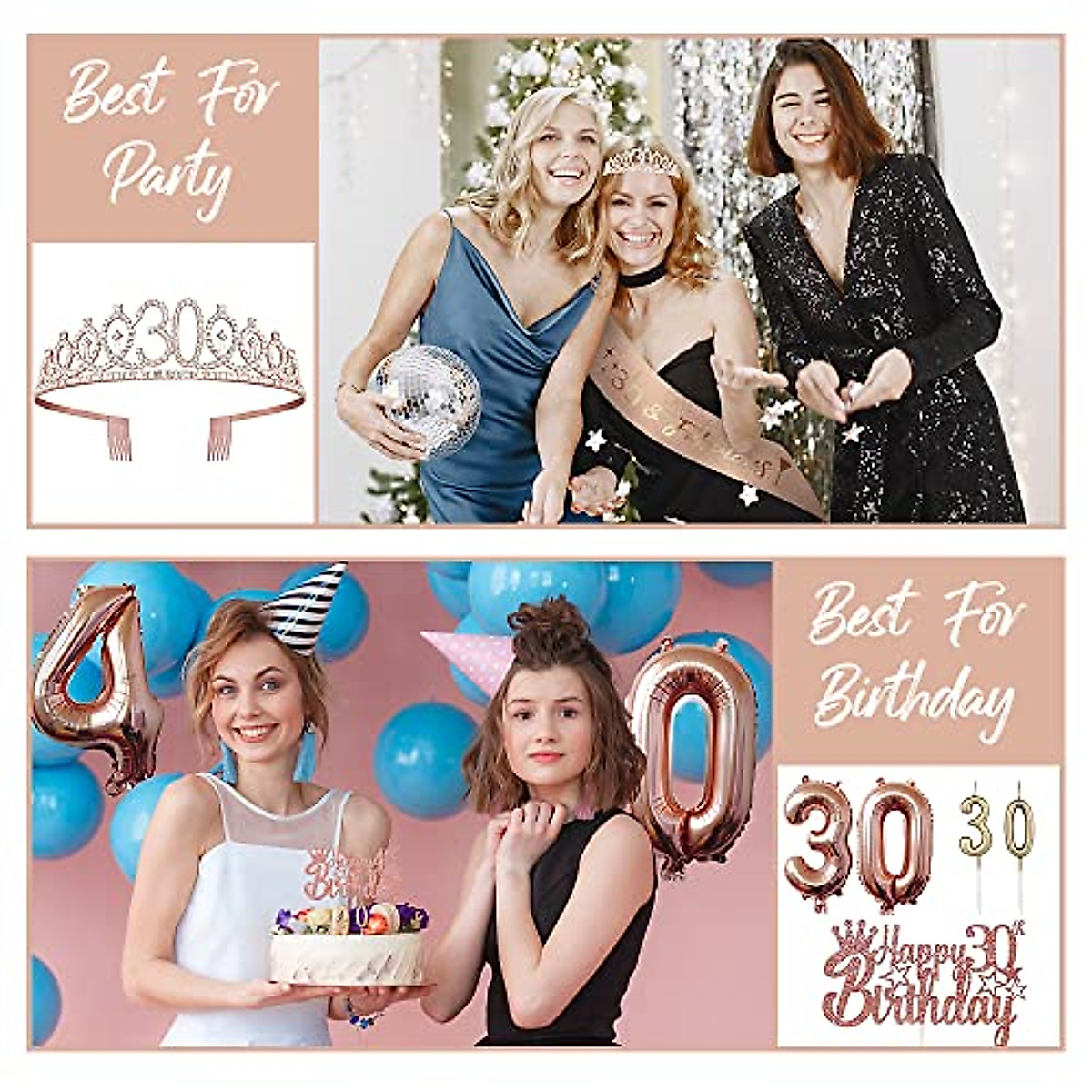 30th Birthday Decorations for Her - 5pcs Gifts Including 30th Tiara Crown, Sash, Cake Toppers, Balloons, Birthday Candles, 30 Birthday Gifts for Women