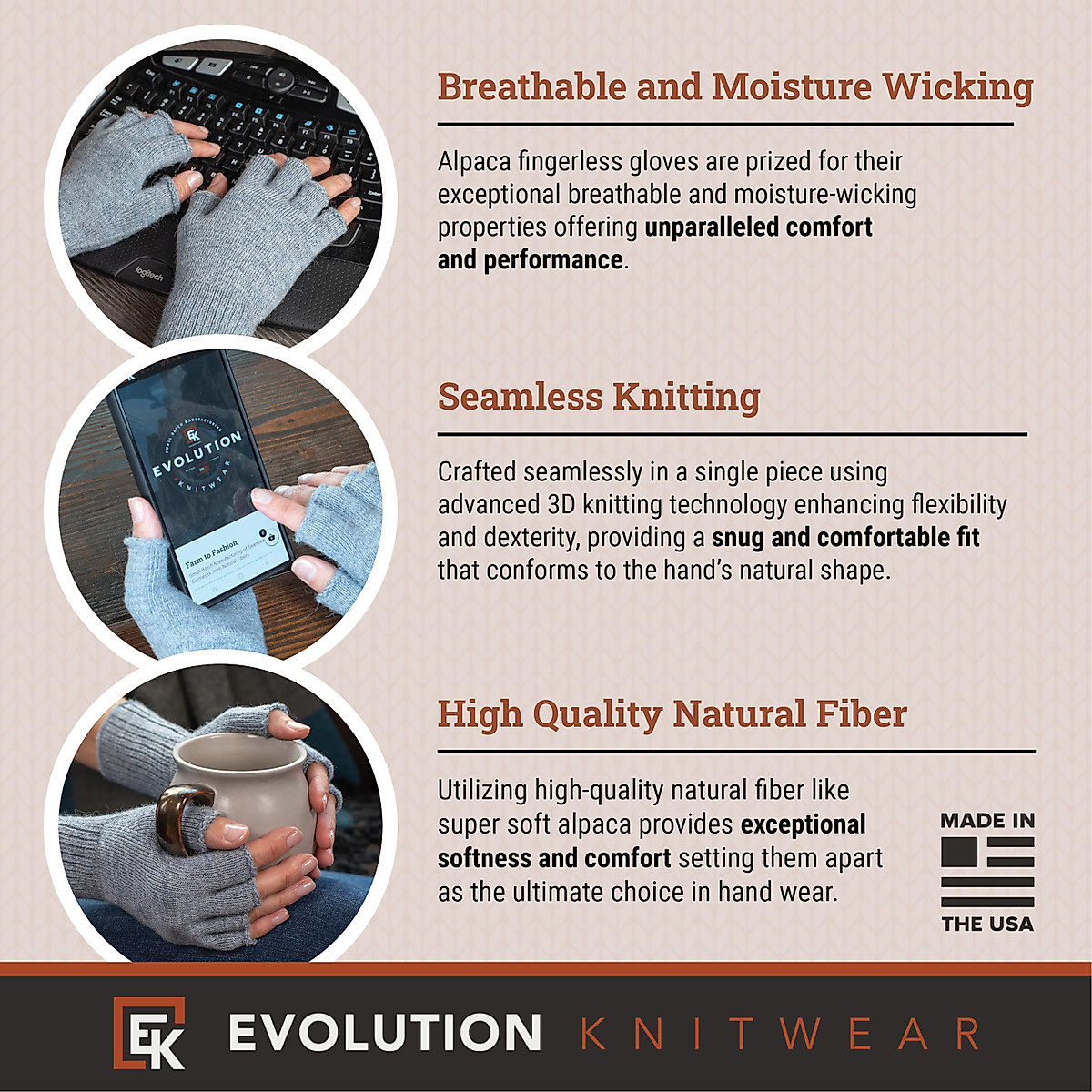 Evolution Knitwear Alpaca Knit Fingerless Gloves - Super Soft Baby Alpaca - Made in the USA - Small - Blue Grey