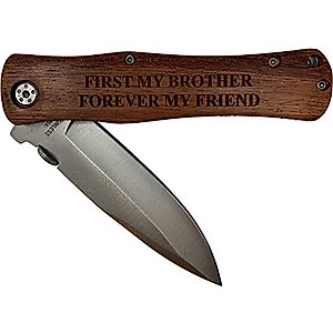 First My Brother Forever My Friend Stainless Steel Folding Pocket Knife with Clip, Wood