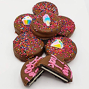 Happy Birthday Chocolate Dipped Oreo Cookies Gift | Olde Naples Hand Decorated Oreo Cookies | Gift Basket 7pc Oreo Cookies Assortment Milk Chocolate (Pink)
