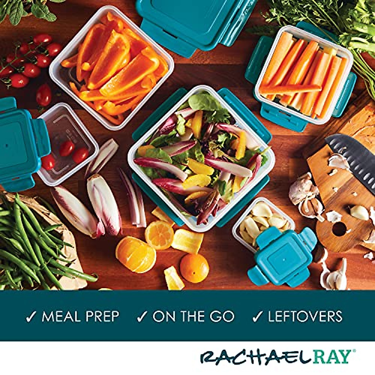 Rachael Ray Leak-Proof Nestable Container Food Storage Bin Set, 10-Piece Square, Teal Lid