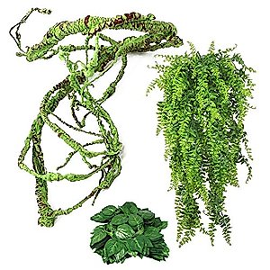 kathson 3 PCS Reptile Vines Plants Flexible Bendable Jungle Climbing Vine Terrarium Plastic Plant Leaves Pet Tank Habitat Decor for Bearded Dragons Lizards Geckos Snakes Frogs and More Reptiles
