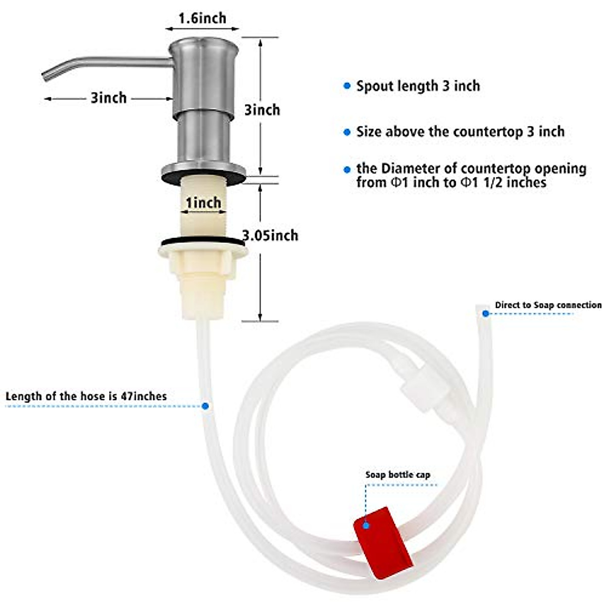 One Sight Soap Dispenser for Kitchen Sink and 47'' No-spill Extension Tube Kit, Stainless Steel, Kitchen Dish Soap Dispenser Pump In Sink Connects Directly To Soap Bottle