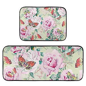 ALAZA Colorful Roses and Butterflies Kitchen Rug Set, 2 Piece Set, Non-Slip Floor Mat for Living Room Bedroom Dorm Home Decor, 19.7 x 27.6 Inch + 19.7 x 47.2 Inch