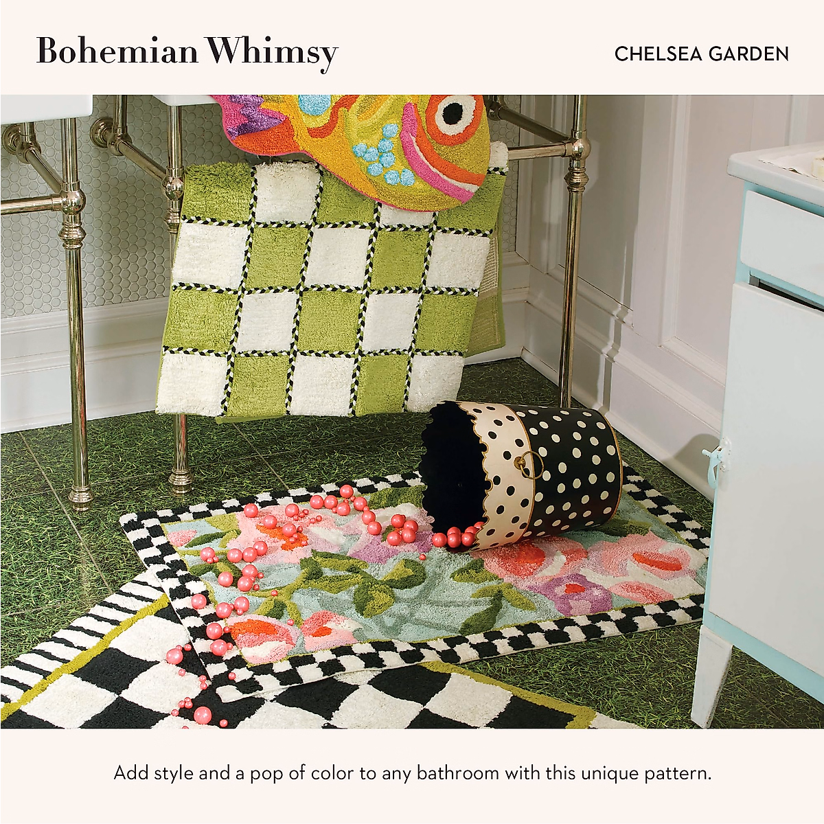 MACKENZIE-CHILDS Bath Rug, Bath Mat for Bathroom Use, Cotton Rug, Chelsea Garden