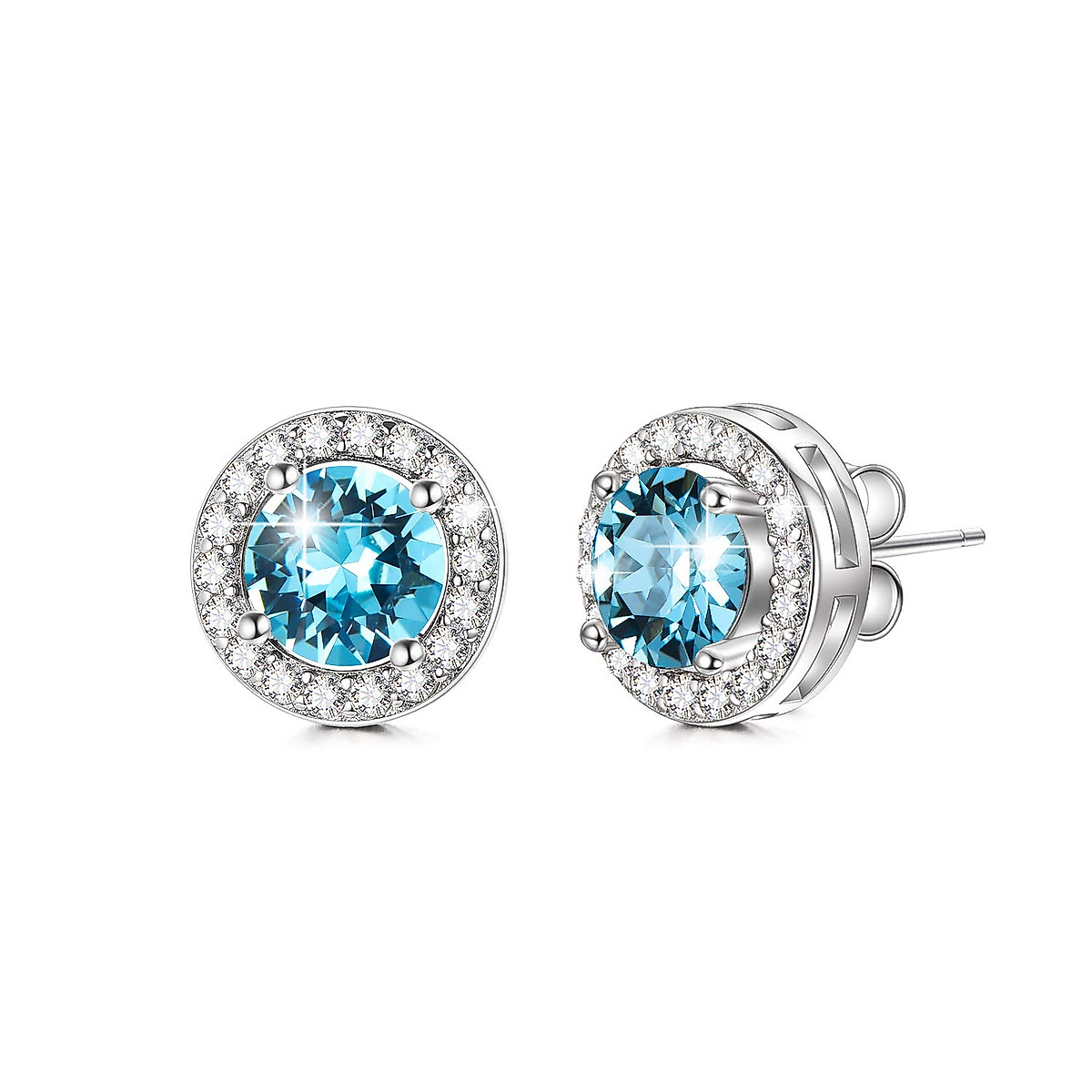 AOBOCO Sterling Silver Halo Earrings Stud Earrings for Women, Simulated Aquamarine Birthstone Crystals from Austria, Blue Wedding Gifts Earrings for Bride Anniversary Birthday Jewelry for Wife