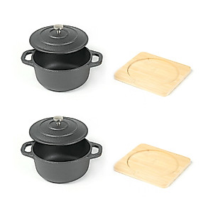 Pre-seasoned Cast Iron Mini Round Cocotte Set, 0.5QT Mini Dutch Ovens with Lids and Bamboo Trays, Dia.4.8 inch, Set of 2, Black