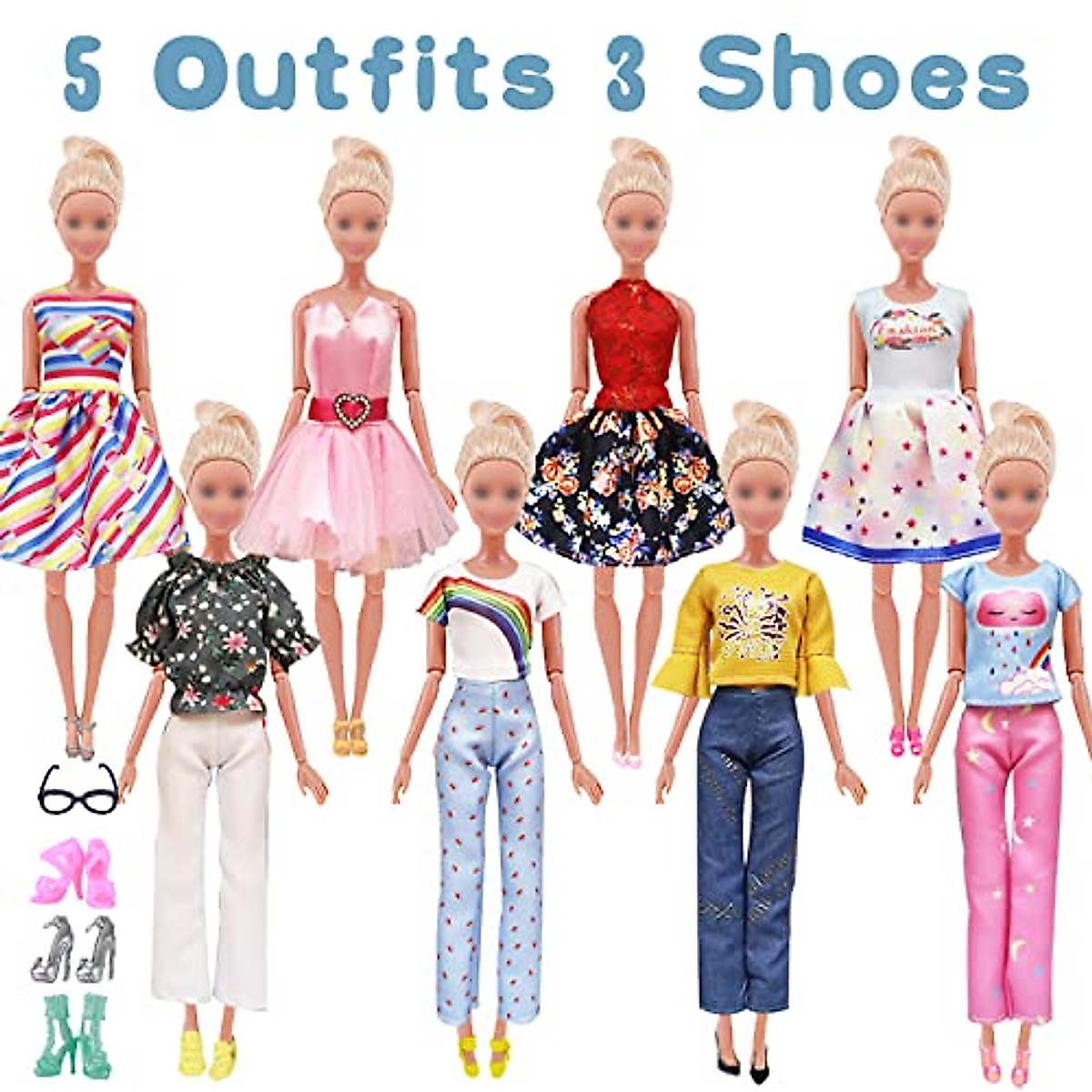18 PCS Doll Clothes and Accessories for Ken and 11.5 inch Dolls Include 5 Boy Outfits 5 Girl Outfits 3 Pair of Boy Shoes 3 Pair of Girl Shoes 2 Glasses for 12 inch Boy and Gril in Ramdon