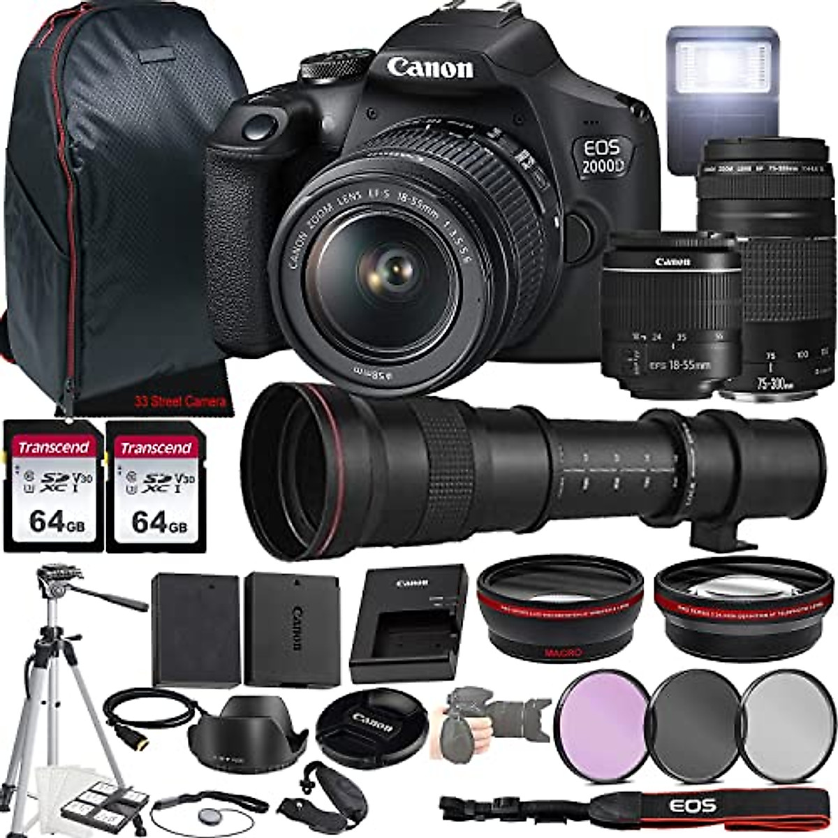 Canon EOS 2000D (Rebel T7) DSLR Camera w/18-55mm F/3.5-5.6 Zoom Lens + EF 75-300mm f/4-5.6 III Lens + 420-800mm f/8.3 HD Lens + 2X 64GB Memory + Case + Filters + Tripod + More (35pc Bundle)