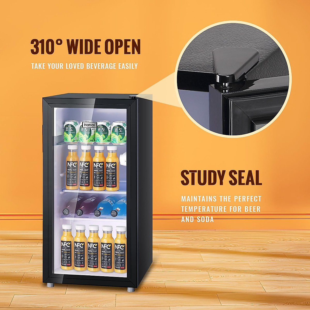 WANAI Beverage Refrigerator Mini Fridge Cooler Clear Glass Door 3.5 Cu.Ft Soda Beer Wine Fridges for Office Dorm Home Bar with Adjustable Removable Shelves White Inner