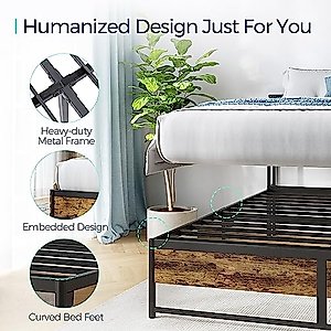 LINSY Queen Bed Frame with RGB Lights, 4 Drawers, Headboard and Fast Charger - Rustic Brown, Easy Assembly with Storage, No Box Spring Needed