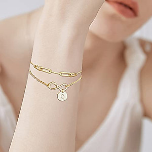Gold Initial Bracelets for Women, Dainty 14K Gold Filled Layered Paperclip Chain Letter Initial Bracelet 26 Alphabet Disc Charm Bracelet Jewelry Gifts for Women-C
