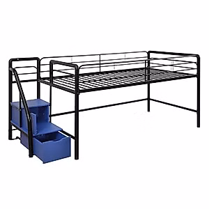 DHP Junior Twin Metal Loft Bed with Storage Steps, Multifunctional Space-Saving Solution - Black with Blue Steps