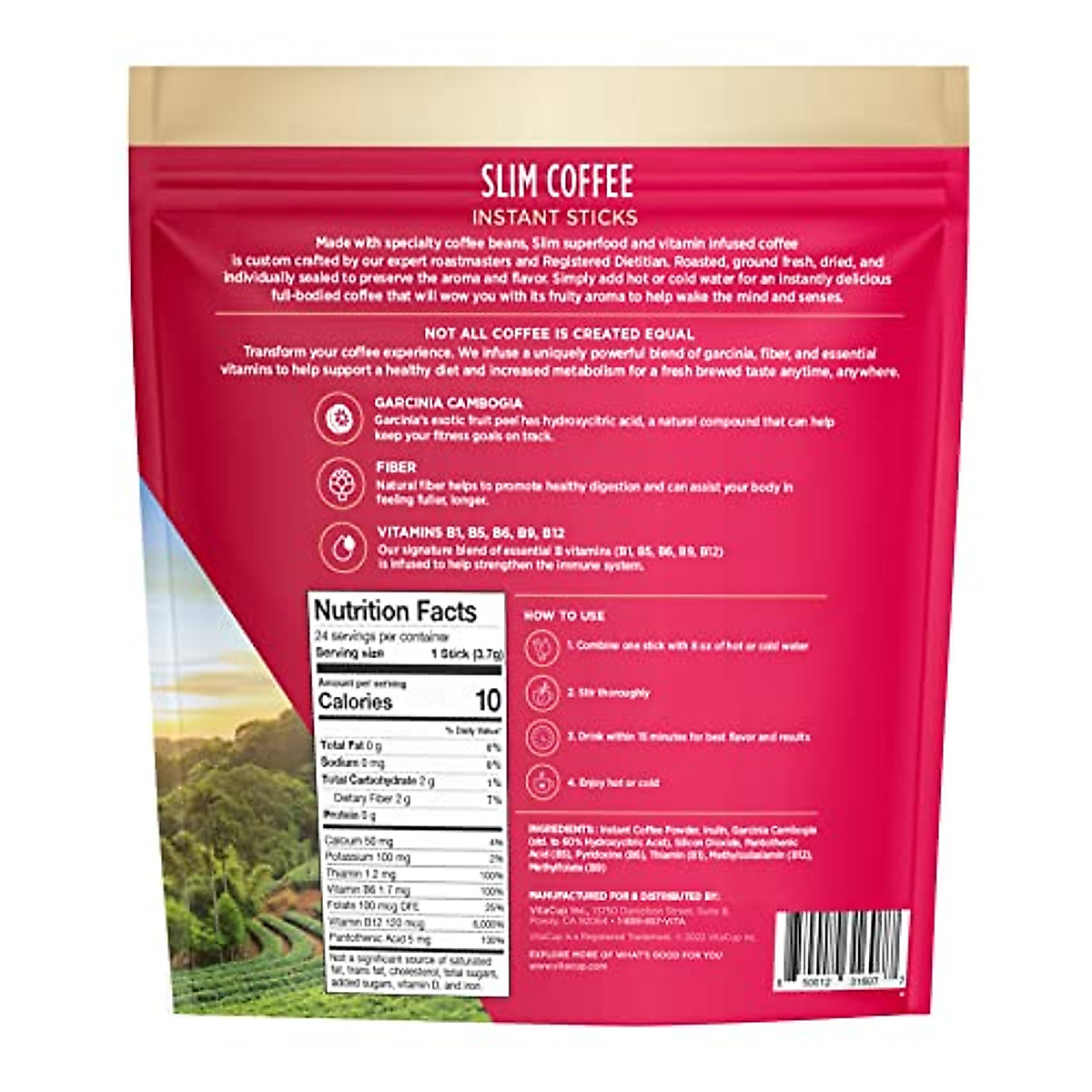 VitaCup Slim Instant Coffee Packets, Boost Diet & Metabolism with Ginseng, Garcinia, B Vitamins, Skinny Coffee, Bold & Smooth, Medium Dark Roast, 100% Arabica Coffee in Single Serve Sticks, 48 Ct