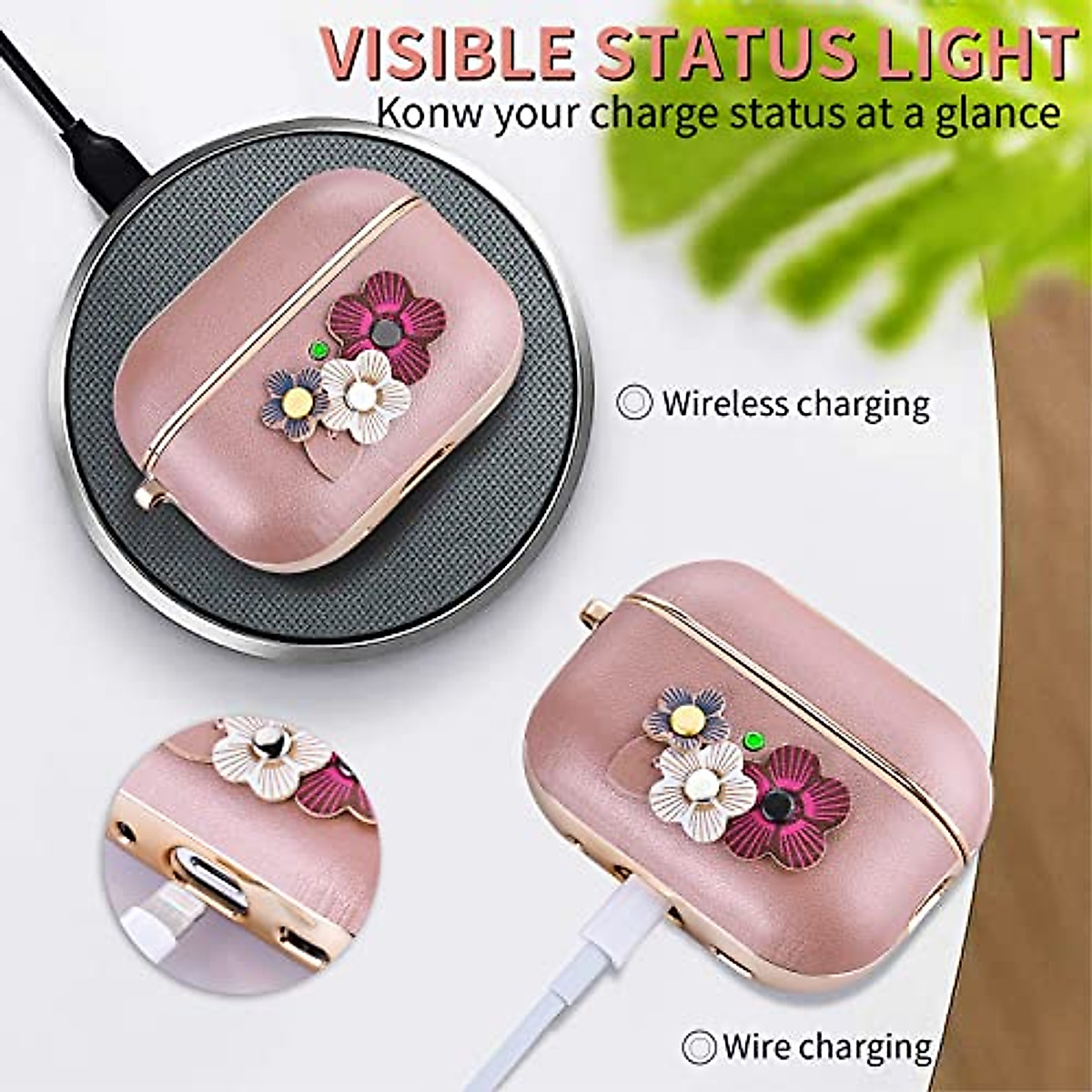 V-MORO for Airpods Pro 2nd Generation Case, Flower AirPod Pro 2 Leather Case Protective Floral Hard iPod Pro 2 Case for Women Men with Keychain for Airpods Pro 2(2022), Rose Gold