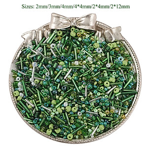 Niziky 1000PCS Mixed Glass Seed Beads, 1.5-4.5mm Green Tube Loose Glass Bugle Beads for Jewelry Making, Bracelet Making