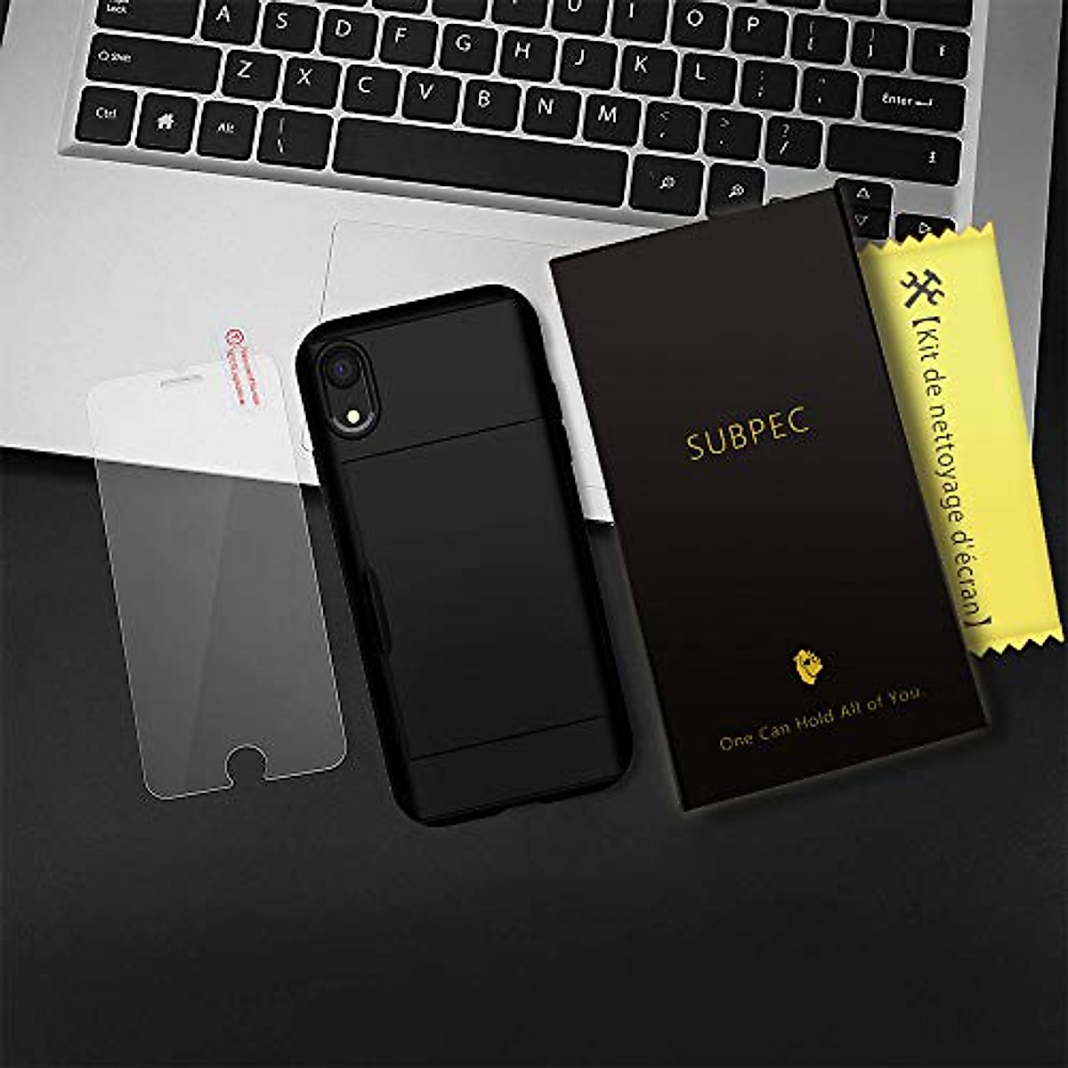 SUPBEC iPhone XR Case with Card Holder and[ Screen Protector Tempered Glass x2Pack] i Phone xr Wallet Case Cover with Shockproof Silicone TPU + Anti-Scratch Hard PC - Full Protective (Black)