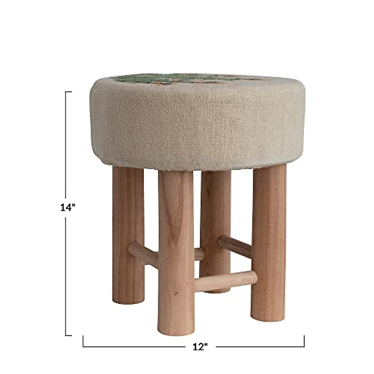 Creative Co-Op Boho Cotton Upholstered Floral Embroidery and Oak Wood Legs, Multicolor Stool, Ivory