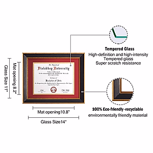 VIOLABBEY 8.5x11 Diploma Frame Black, 8.5 x 11 Certificate Frame with Mat or 11x14 College Degree Frames without Mat, Wall or Tabletop Display, Tempered glass (Red Gold Double Mat)