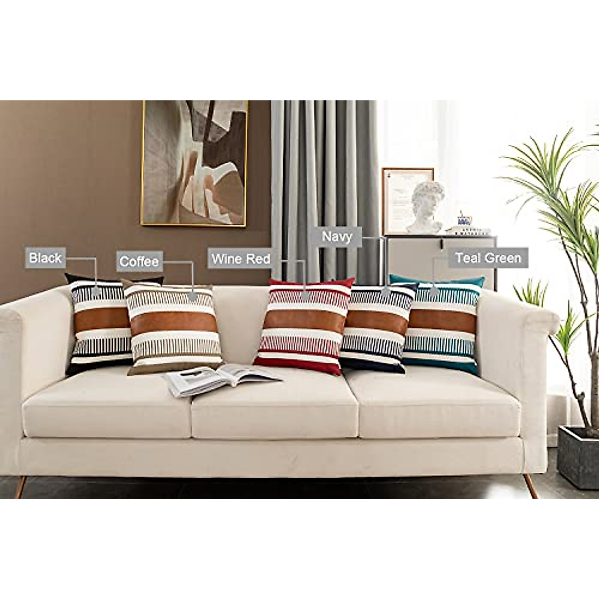 Vfuty Pack of 2 Farmhouse Throw Pillow Covers for Couch Sofa Decorative Faux Leather Square Cushion Cover Tribal Stripe Accent Pillow Case 18 x 18 Inch,Black