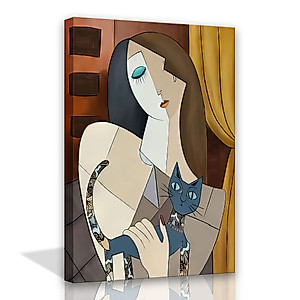 Framed Picasso Wall Art Nordic Abstract Girl and Cat Canvas Wall Art Bohemian Canvas Prints The Dream Girl with Cat Picture Modern Wall Decor for Hotel Rooms Bedroom Poster 12"* 16"