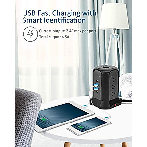 SUPERDANNY 9.8ft USB Power Strip Tower Surge Protector with 9 Outlet 4 USB 1080J Surge Protection, 2Pack, Black & Blue