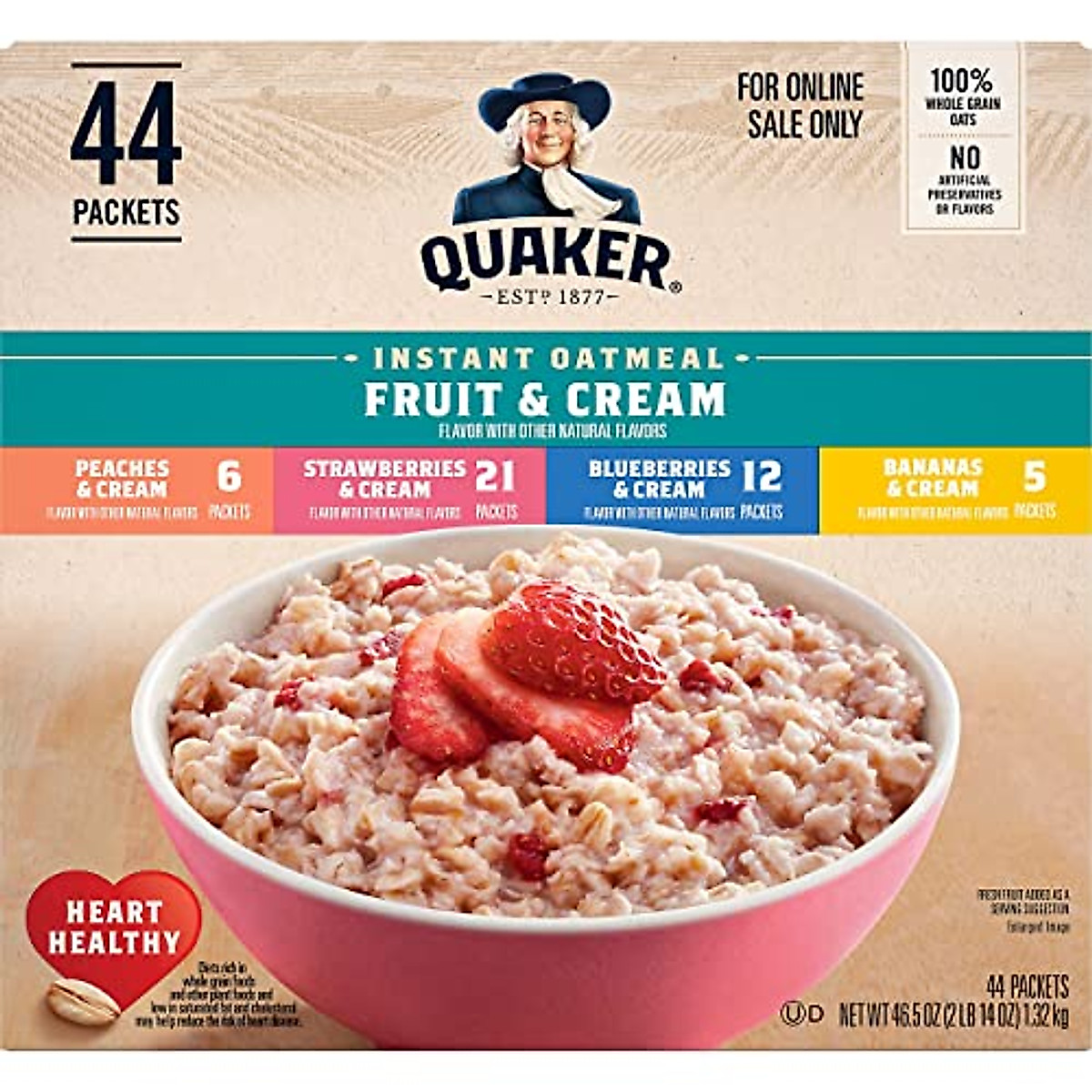 Quaker Instant Oatmeal Fruit & Cream Variety Pack,44 Count (Pack of 1)