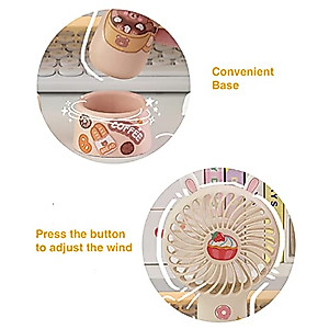 Kawaii Portable Fan with Stickers Kawaii Handheld Fan Kawaii Desk Fan with Standing Base Cute Small Personal Cooling Fan for Girls Room USB Power Rechargeable Fan Quiet Adjustable Airflow (Beige Bunny)