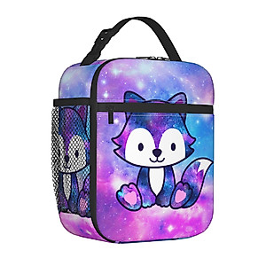Mrublnel Galaxy Fox Printed Insulated Lunch Box Portable Lunch Bag with Detachable Handle,Reusable Lunchbox for Girls Boys Adults (Mrlunchbag-2302)