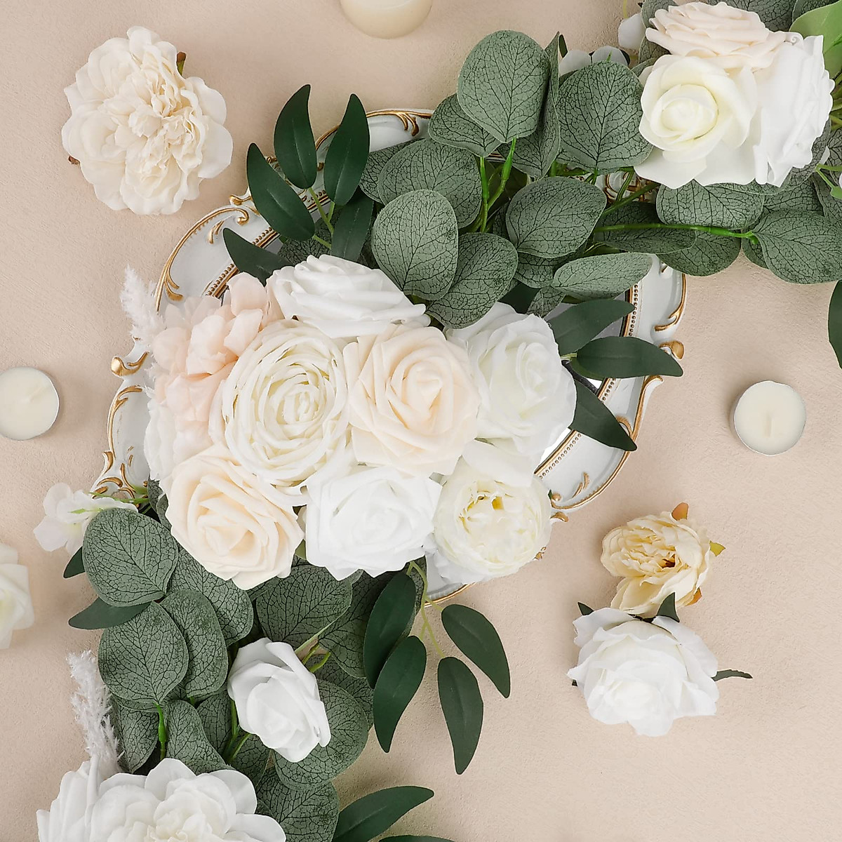 COCOBOO 5.9ft Eucalyptus Garland with Rose Flower Wedding Arch Flowers White Flower Garland for Wedding Arch Party Garden Decor (Champagne&White)