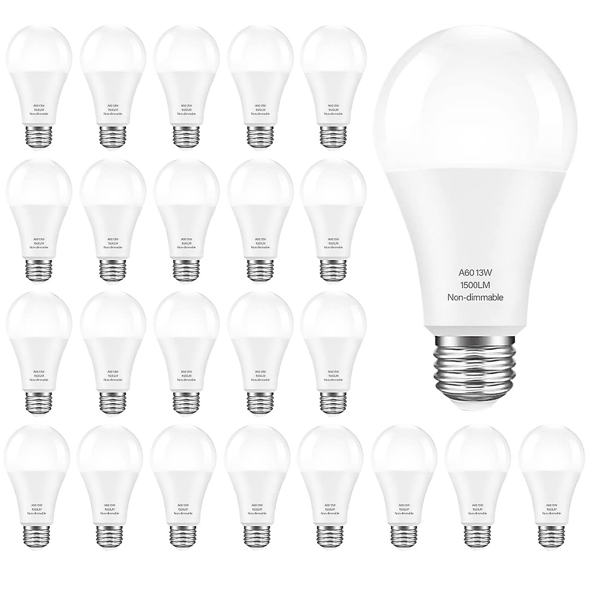LED Light Bulbs, 100W Equivalent A19 LED Bulbs, 13 Watt Daylight White 5000K, E26 Medium Base LED Bulbs, 1500 Lumens, Non-Dimmable, 24 Packs