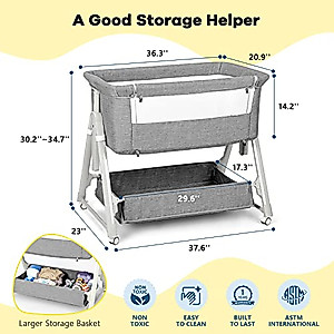 Cowiewie Baby Bassinets,Bedside Sleeper for Baby/Infants with Storage Basket, Easy to Assemble Bassinet for Newborn/Infant, Adjustable Bedside Crib,Safe Portable Baby Bed,Travel Bag Included(Grey)
