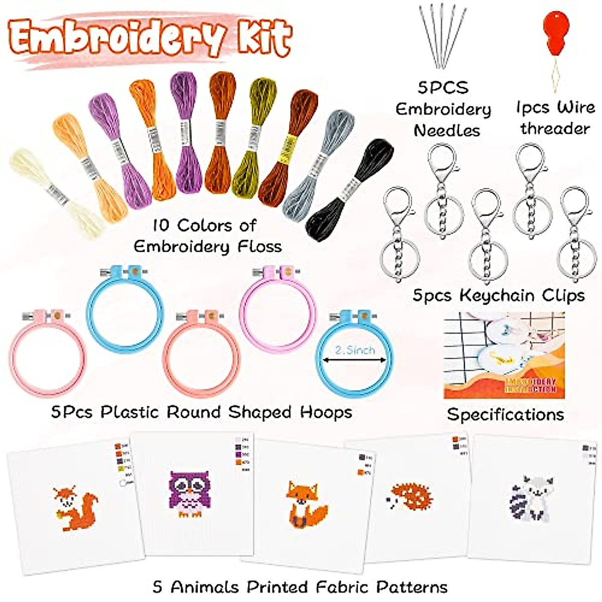 WATINC 5Pcs Embroidery Kit for Kids Stamped Cross Stitch DIY Key Chain with Woodland Animal Patterns Needlepoint Starter Kits Craft Supplies for Beginners Adults Schoolbag