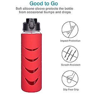 Justfwater 32 oz Borosilicate Glass Water Bottle with Straw Reusable Glass Drinking Bottle with Flip Top Lid and Silicone Sleeve (Red)
