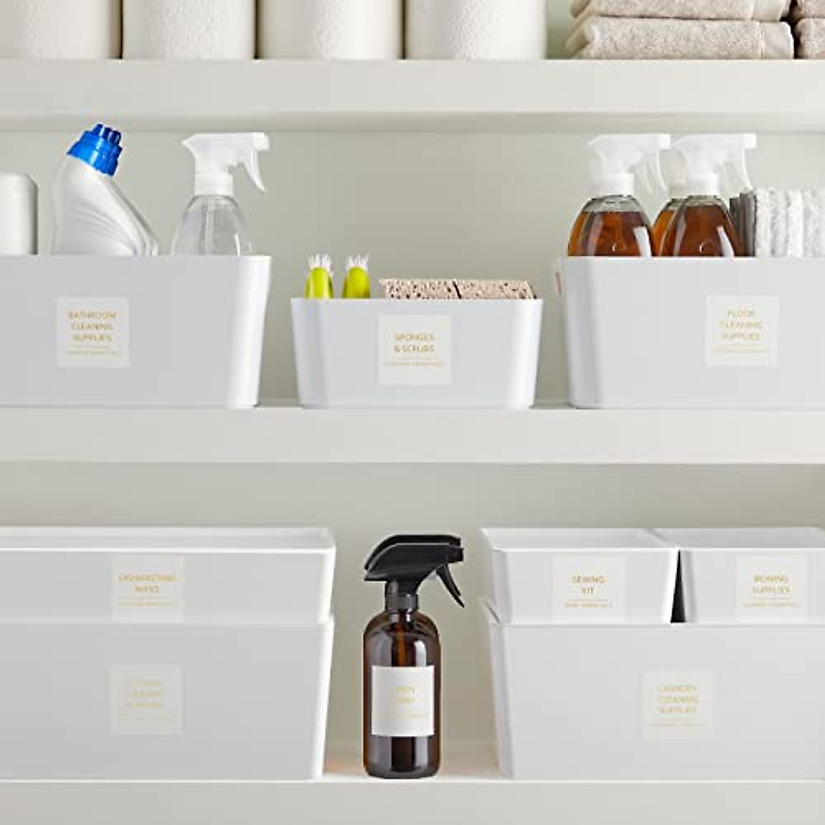 Talented Kitchen 144 Minimalistic Laundry Room Labels for Glass Jars, Preprinted Linen Closet Stickers for Containers, Bathroom Organization, Cleaning Supplies (Gold)