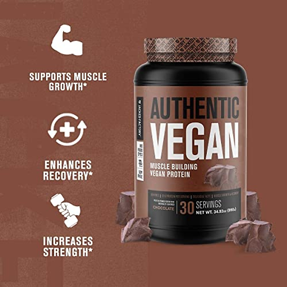 Authentic Vegan Plant Based Protein Powder - 22g of Muscle Building Protein - No Soy, Non-GMO - Sourced from Organic Peas, Mung Beans, Sunflower, Pumpkin & Watermelon Seeds, 30 Servings, Chocolate