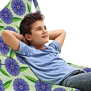 Lunarable Gardening Lounger Chair Bag, Vibrant Color Cornflowers and Nature Green Pointy Leaves, High Capacity Storage with Handle Container, Lounger Size, Pale Green Violet Blue