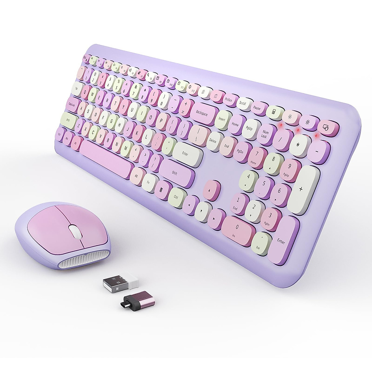 Wireless Keyboard and Mouse Combo, Colorful Ergonomic Full Size Retro Low-Noise Keyboard with Cute keycaps, Compatible with Windows, PC, Perfer for Home and Office Keyboards (Purple)