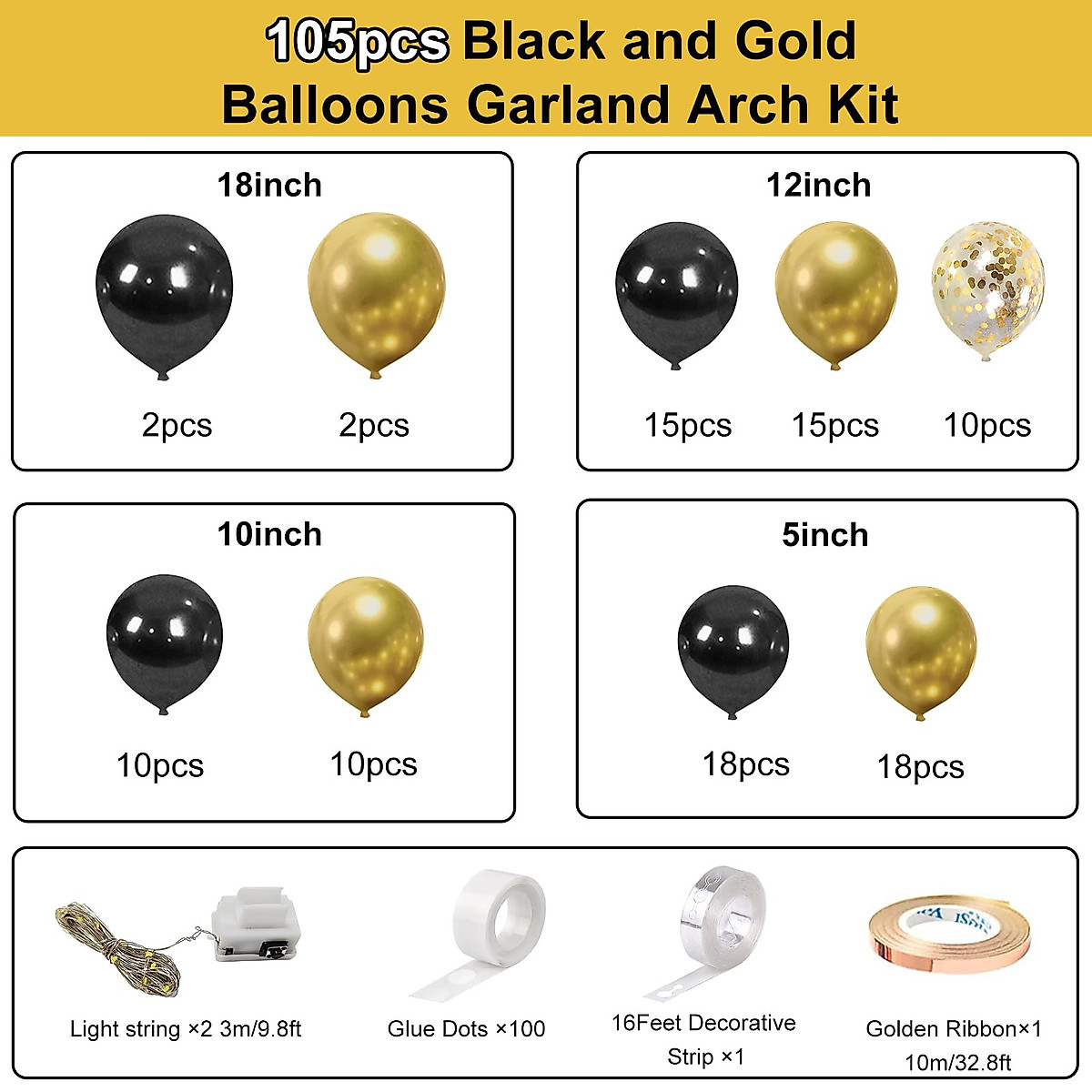 Black and Gold Balloons Garland Arch Kit with LED String Light, Black Gold Confetti Latex Balloons Cheers to Birthday Decorations Anniversary Retirement Graduation Party Decorations