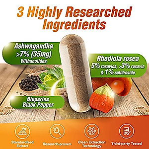 LABO Nutrition AdaptWell Ashwagandha Root Extract >7% withanolides (35mg), Rhodiola Rosea Extract >5% rosavins & Bioperine, for Relax, Adrenal, Immune & Thyroid Support, 90 Counts