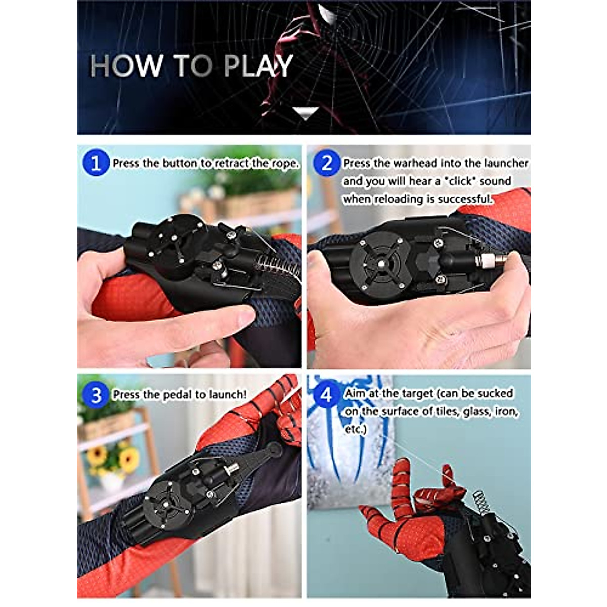 SUIZU Web Shooters, Spider Silk Launcher for Kids - USB Charging, Rope Launcher - Can Grab Small Objects, Super Hero Launcher Gloves Wrist Toy Cosplay Launcher Bracers Accessories (Red)